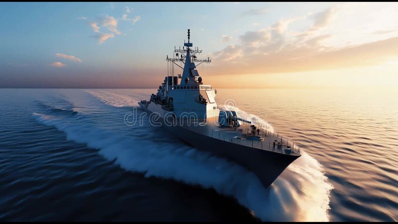 Powerful Aircraft Carrier Cruising through Ocean Waves at Sunset Stock ...