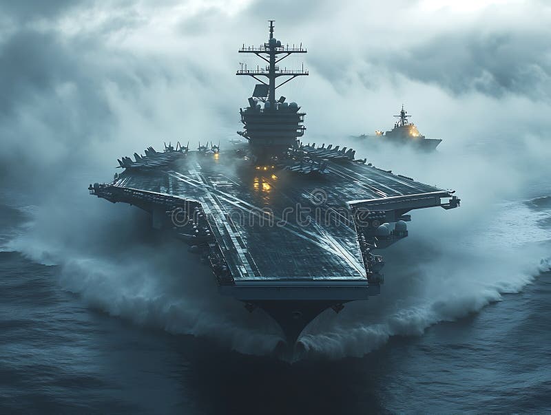 A Powerful Aircraft Carrier Traversing Rough Seas in a Storm Stock ...