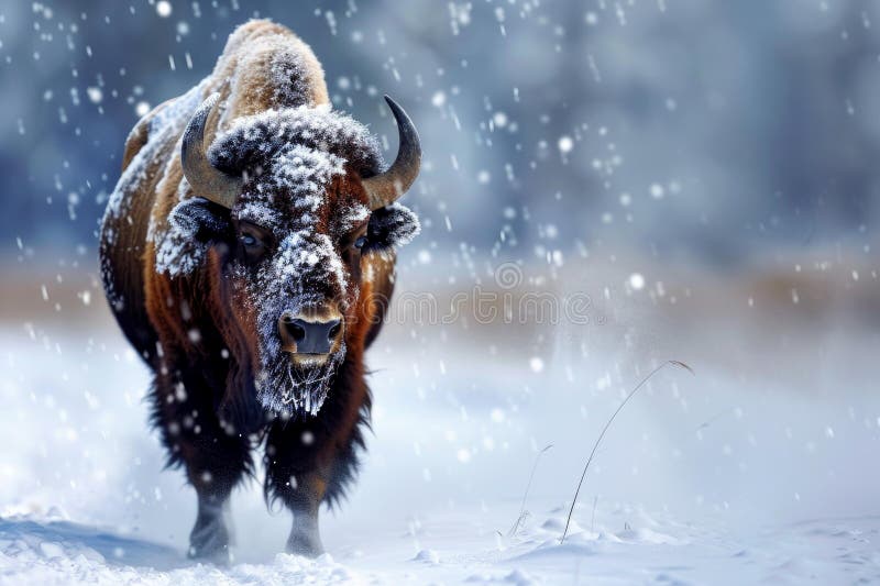 Powerful American Bison Walking through Snow Covered Field during Snowfall Stock Image - Image ...