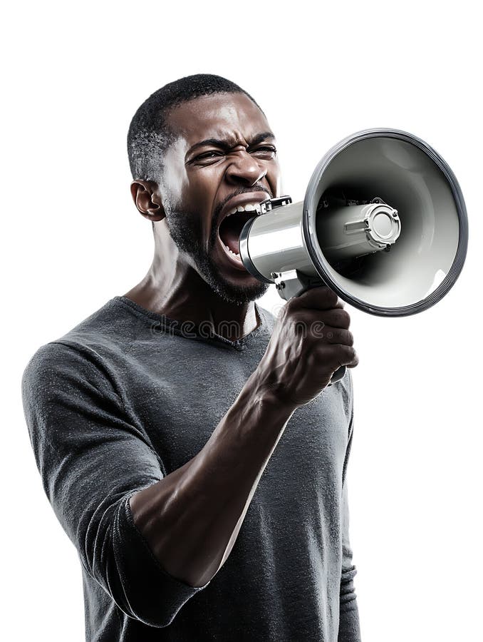 Powerful Announcement Man Shouting into Megaphone on Transparent ...