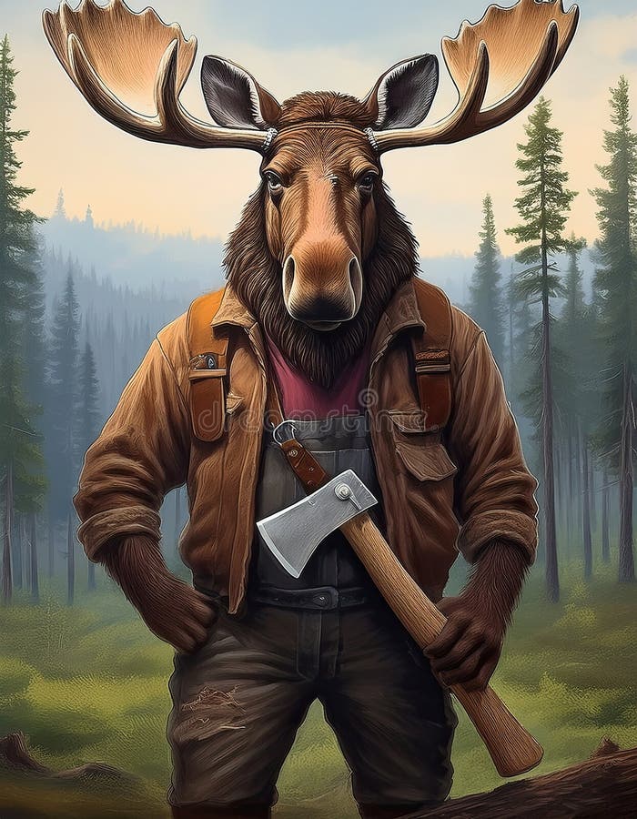Strong Lumberjack Moose in Forest Stock Illustration - Illustration of ...