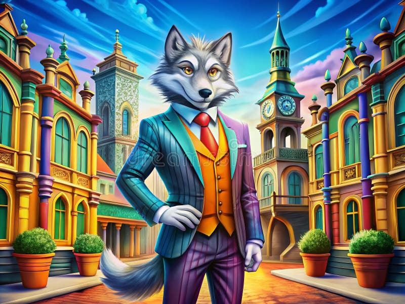 A Powerful Anthropomorphic Wolf Boldly Styled Poses Amidst a Dramatic ...