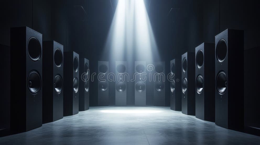Powerful Array of Large Black Speakers in Dramatic Lighting Creating an ...
