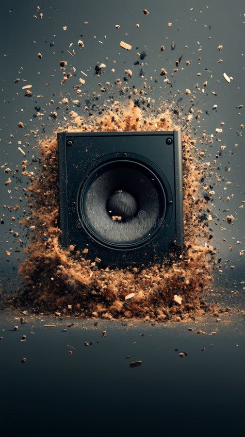 Powerful Audio Speaker Exploding with Brown Particles on Dark ...