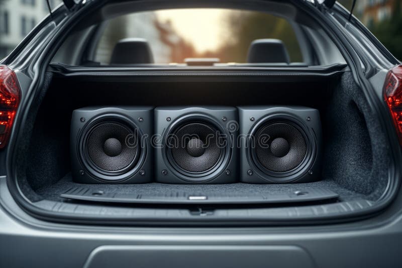 Powerful Audio System Installed in a Car Trunk Showing Subwoofers Stock ...