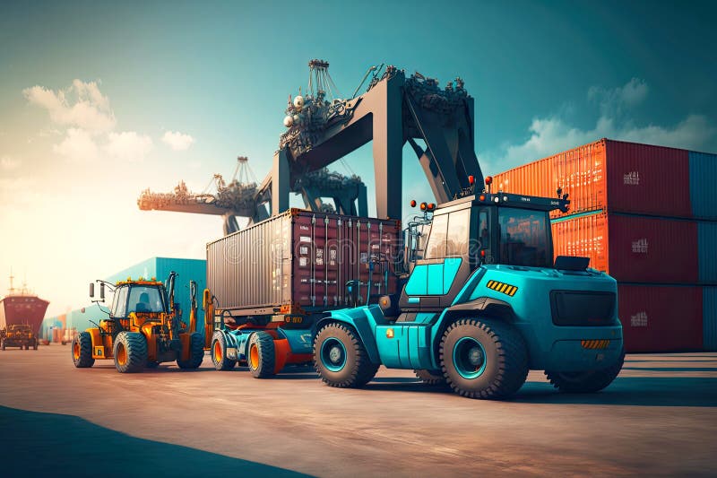 Powerful Auto Tractors with Containers Unloading Containers in Cargo ...