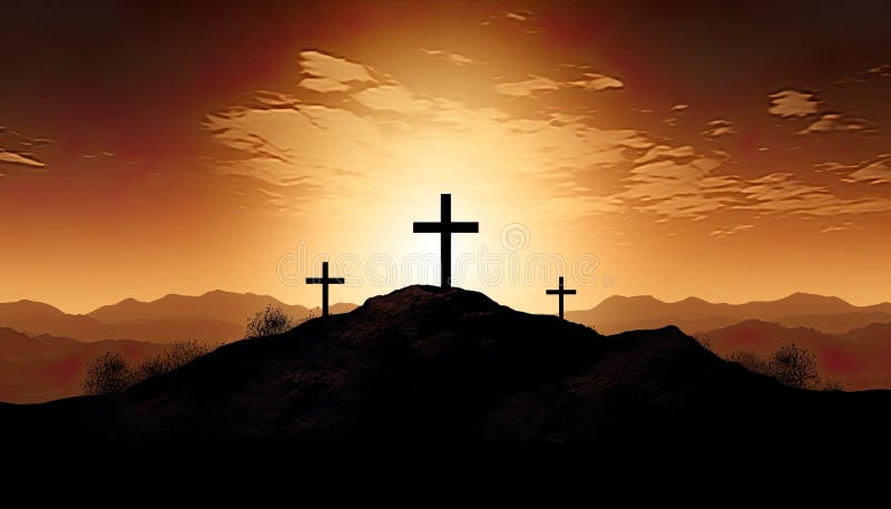 Sunlight Illuminating Three Crosses on a Mountain at Sunset ...
