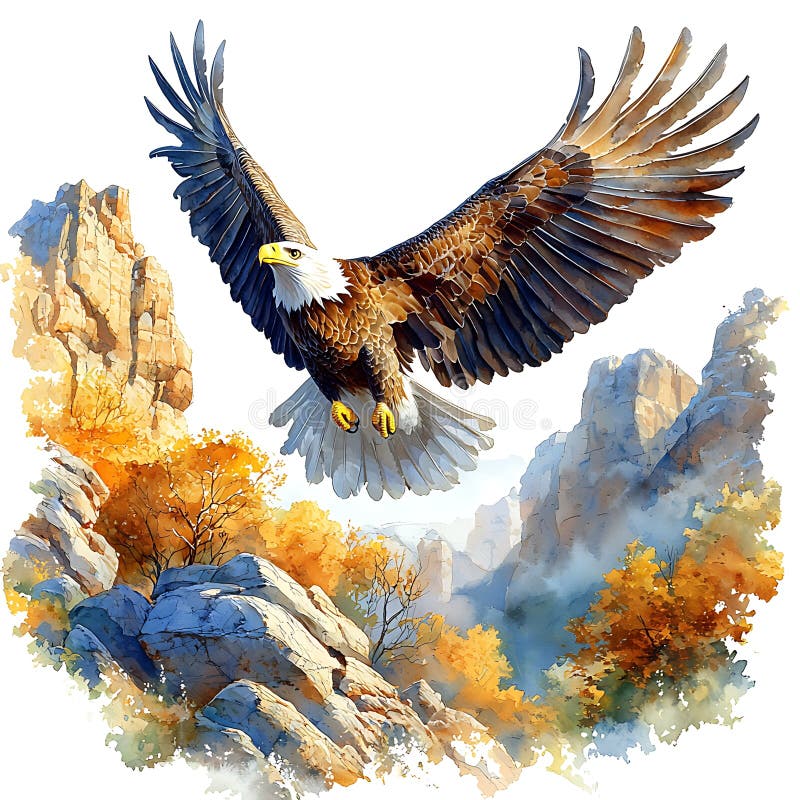 Majestic Bald Eagle Soars Over Autumnal Cliffs in a Painted Style Stock ...