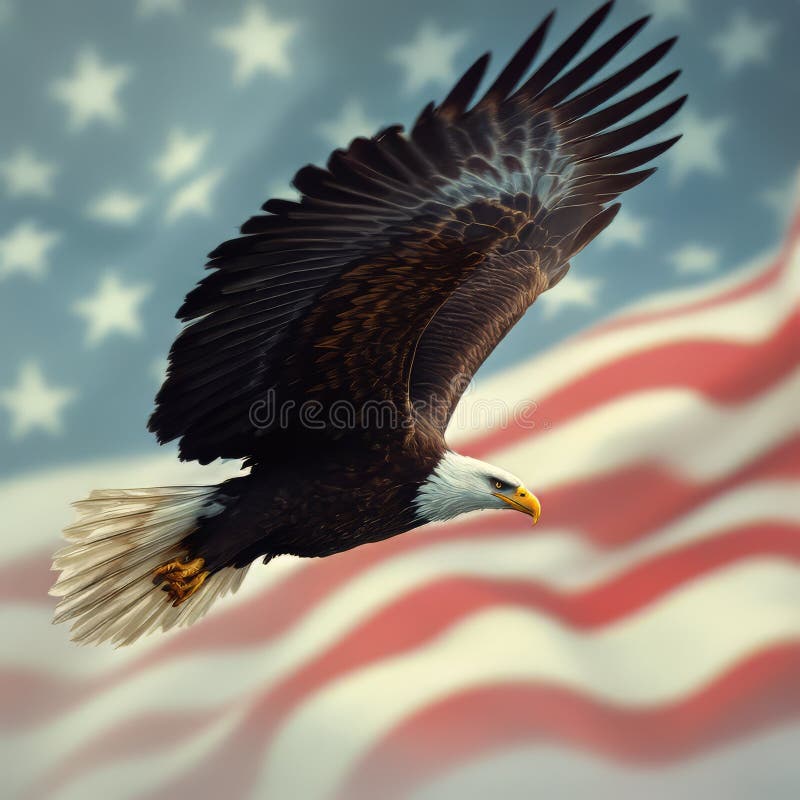 A Powerful Bald Eagle in Flight Against a Softly Waving American Flag ...
