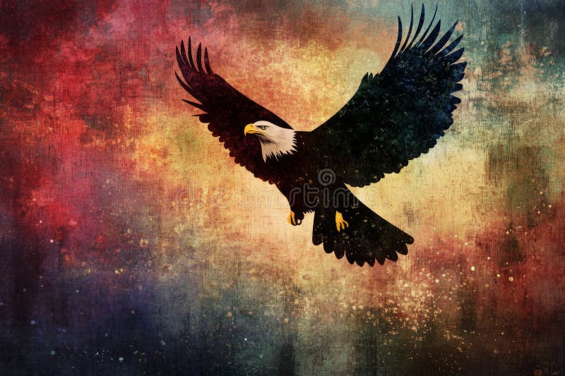 Powerful Bald Eagle Flying Against a Vibrant, Textured Sky, Embodying ...