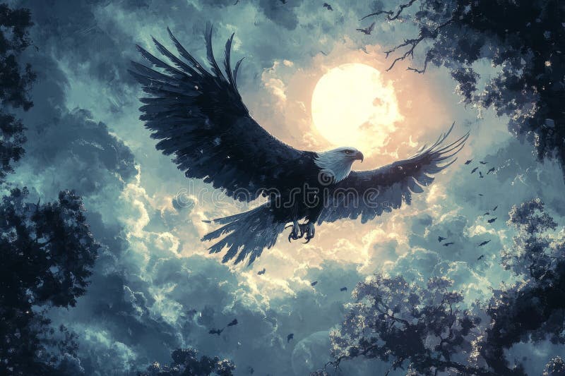 Powerful Bald Eagle Flying through a Dramatic Cloudy Sky with Bright ...