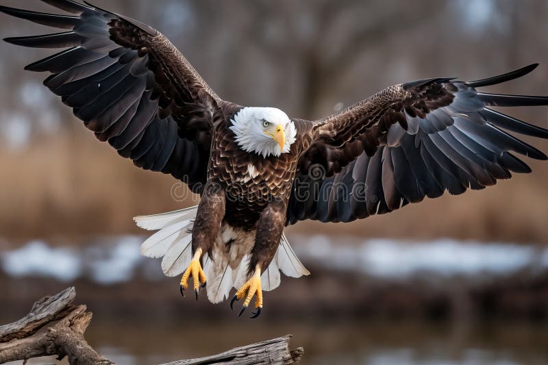 A Powerful Bald Eagle (Haliaeetus Leucocephalus) Taking Off, with Wings Spread Wide and Feathers ...