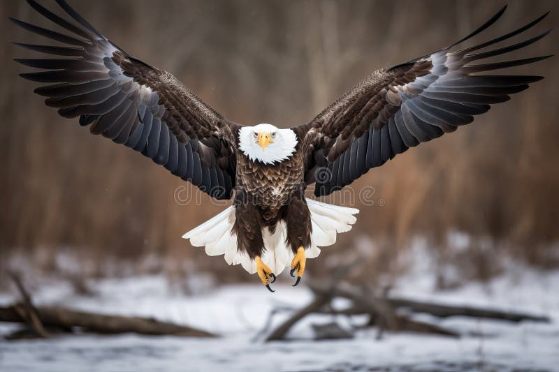 A Powerful Bald Eagle (Haliaeetus Leucocephalus) Taking Off, with Wings Spread Wide and Feathers ...
