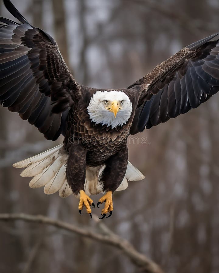 A Powerful Bald Eagle (Haliaeetus Leucocephalus) Taking Off, with Wings Spread Wide and Feathers ...