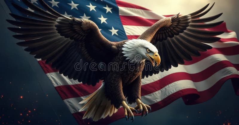 Powerful Bald Eagle Soaring Above the American Flag Stock Illustration - Illustration of soaring ...