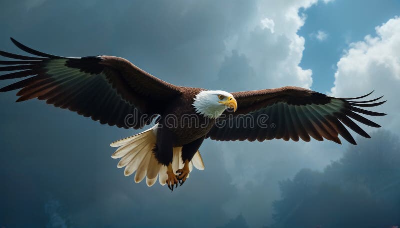 Majestic Bald Eagle Soaring Elegantly through Cloudy Sky Stock ...