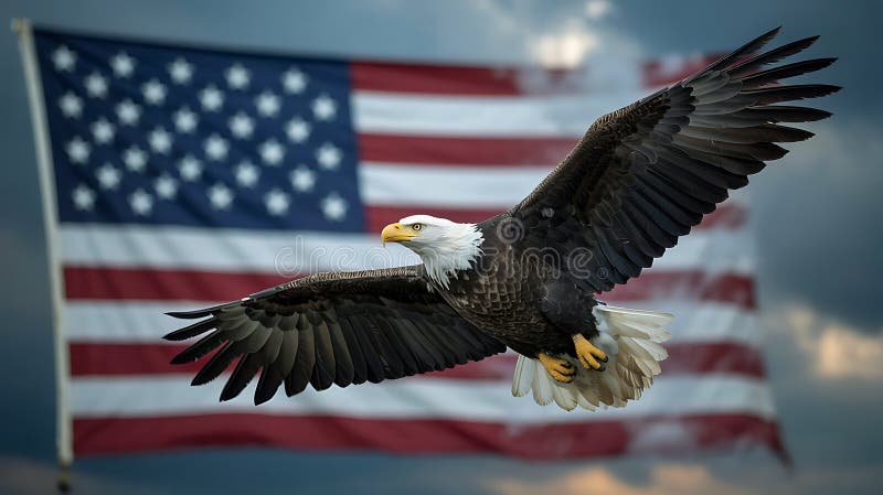 Majestic Bald Eagle Soars Above the American Flag Stock Illustration - Illustration of flying ...