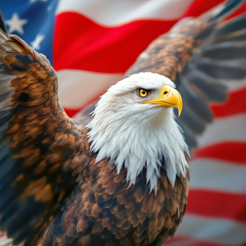 A Powerful Bald Eagle with Wings Spread, Set Against a Waving American Flag Stock Illustration ...