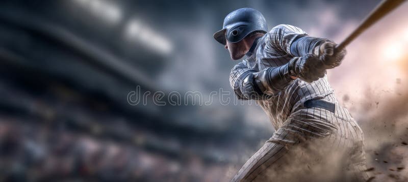 Powerful Baseball Player Swinging Bat, Dramatic Blurred Stadium ...