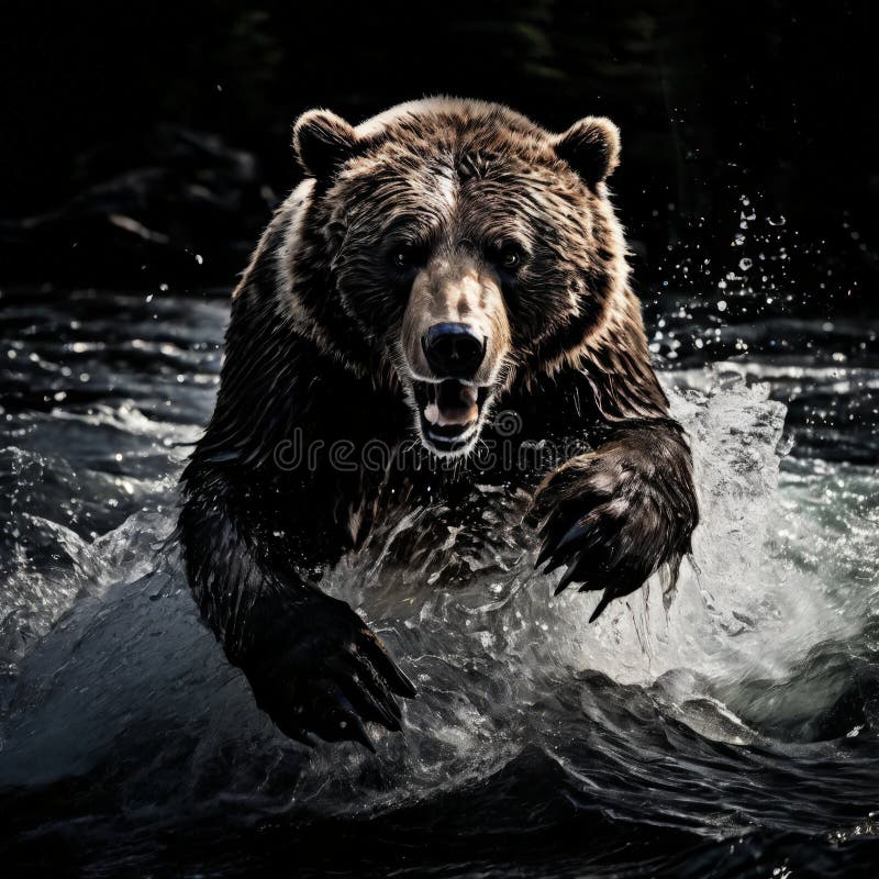 Powerful Bear Roaring in River, Dynamic and Intense Stock Photo - Image ...