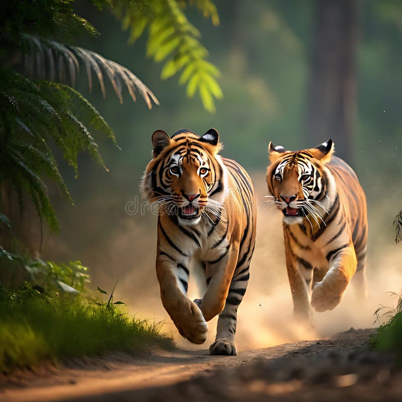 Powerful Bengal Tigers on the Hunt in the Forest Stock Illustration ...