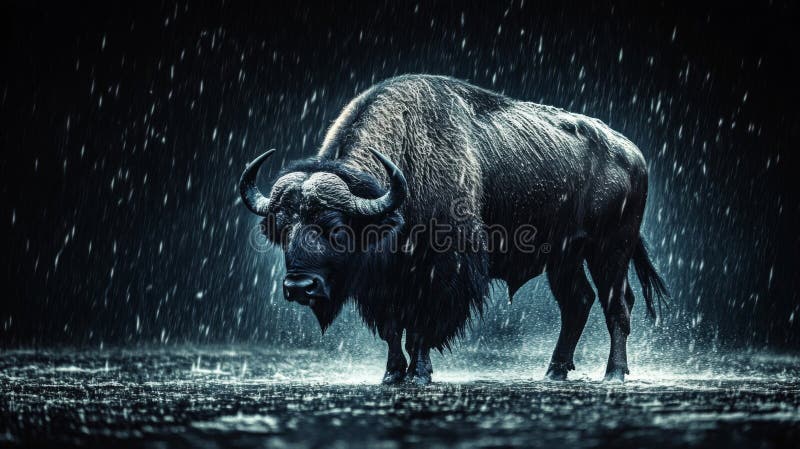 Powerful Bison in Rain at Night Stock Illustration - Illustration of ...