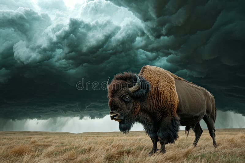 A Powerful Bison is Seen Standing Alone on a Vast Prairie, Its Strong ...
