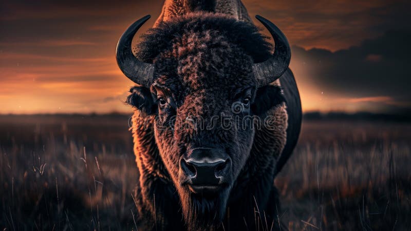 Powerful Bison in the Wilderness at Sunset Stock Illustration ...