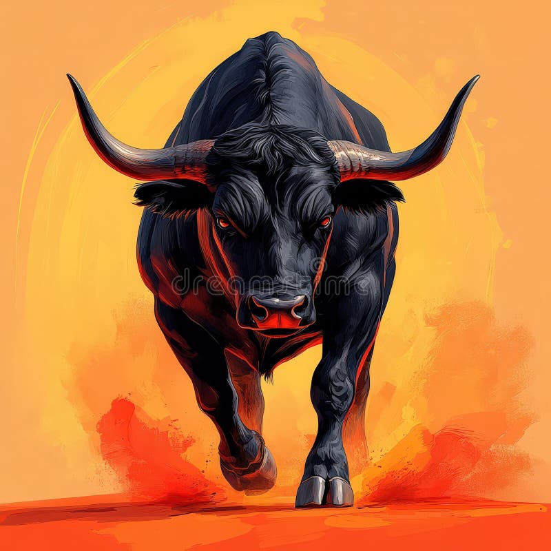 Powerful Black Bull Charging Forward Fiercely on Orange Background ...