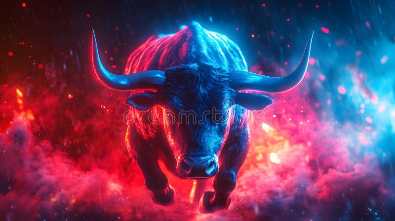 Powerful Bull Charging through Red and Blue Smoke with Neon Lights ...