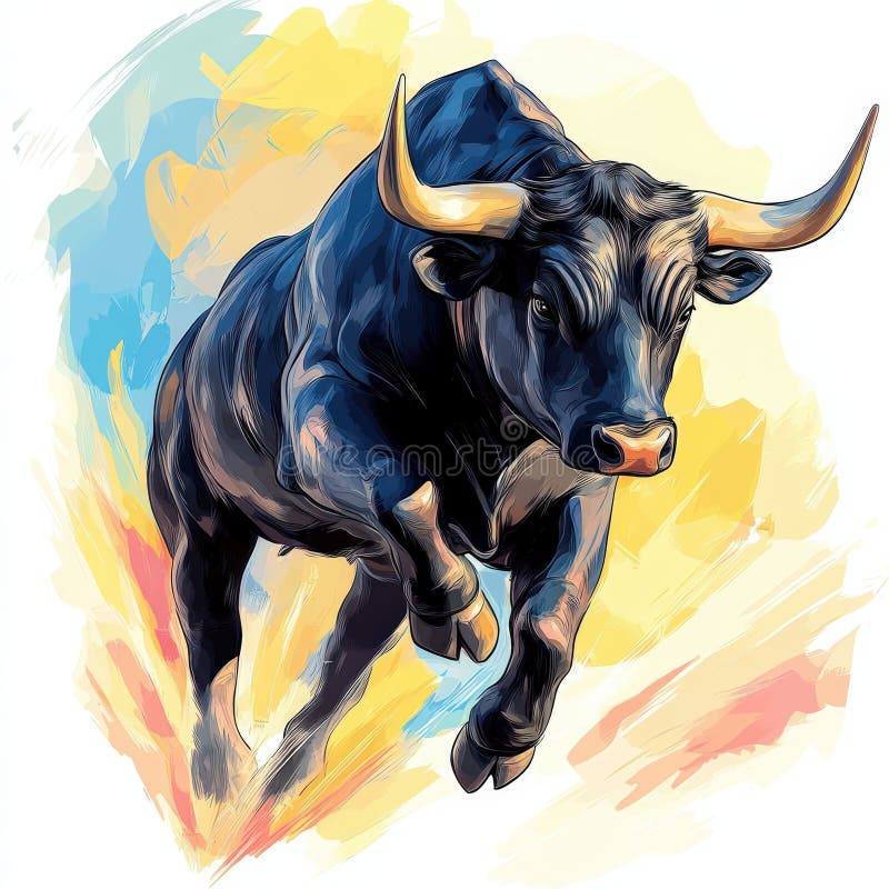 Powerful Black Bull Charging Forward Dynamic Artistic Illustration ...