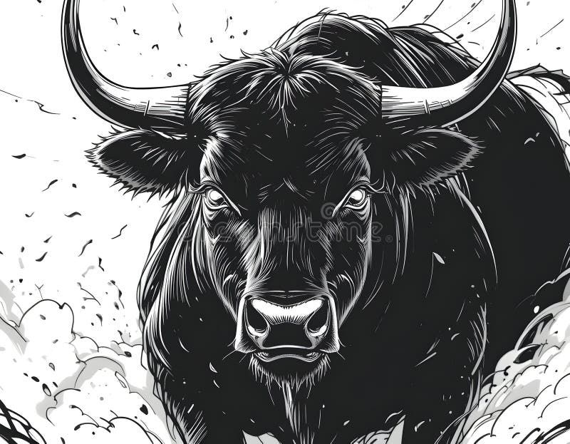 Powerful Black Bull Illustration Facing Forward with Dramatic ...