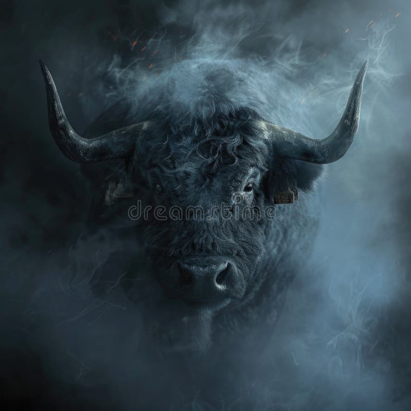 A Powerful Black Bull with Large Horns Stands in a Cloud of Smoke Stock ...