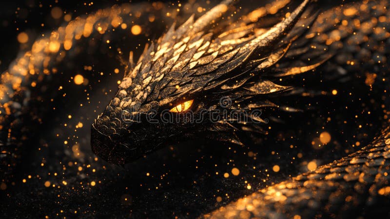 Powerful Black and Gold Dragon with Glowing Eyes Stock Illustration ...