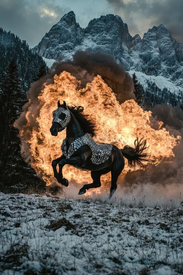 Powerful Black Horse Galloping through a Snowy Landscape with an ...
