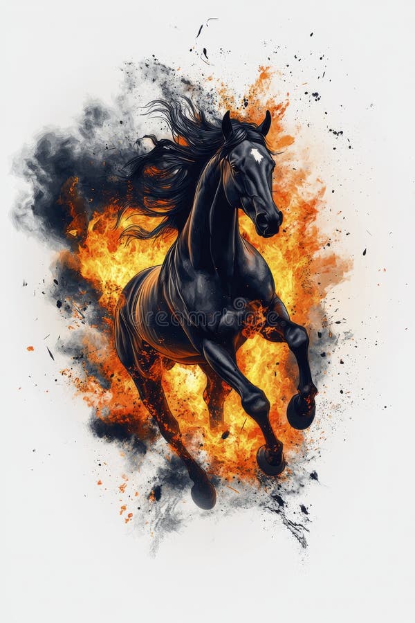 Powerful Black Horse Running Amidst Fire and Smoke Stock Illustration ...