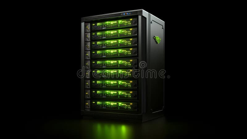 Powerful Black Server Rack with Glowing Green Lights Data Processing ...