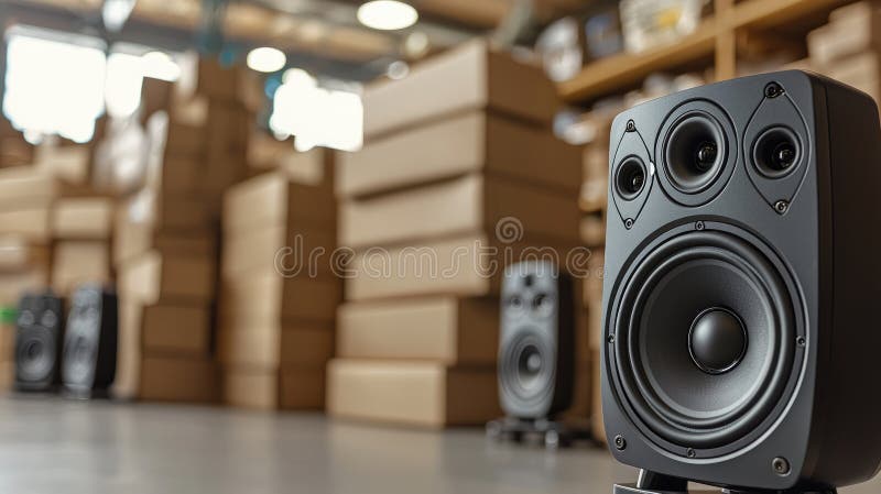 Powerful Black Speaker System in Industrial Warehouse with Stacks of ...