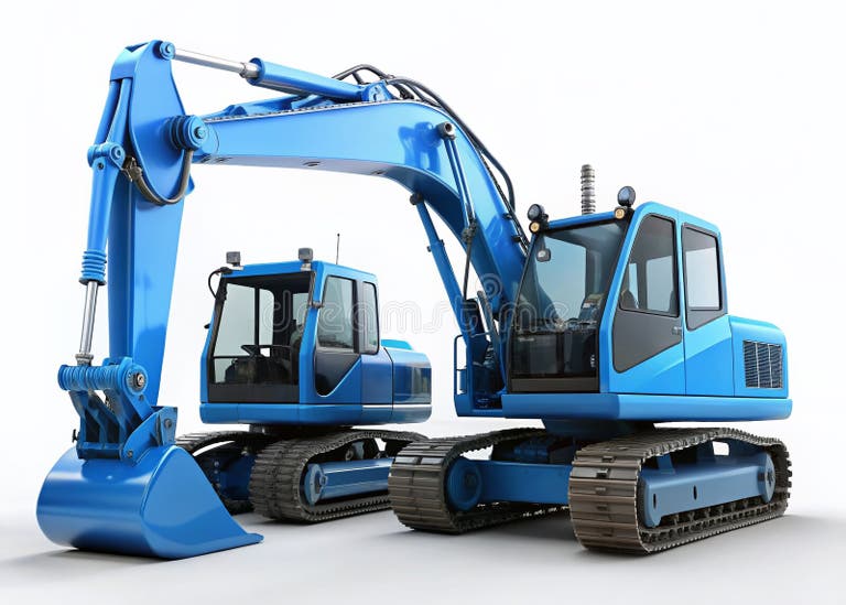Powerful Blue Crawler Excavator and Backhoe Loader a Detailed 3D Render ...