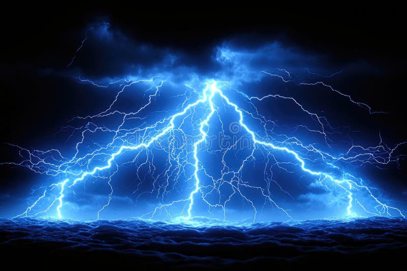 A Powerful Blue Lightning Bolt Illuminates the Dark Stormy Sky, with ...