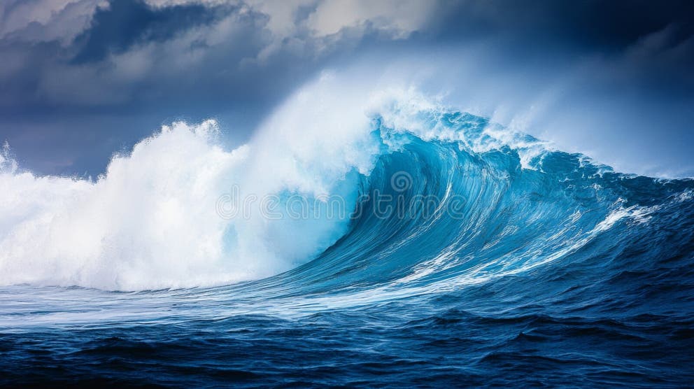 Powerful Blue Ocean Wave Crashing Under Dramatic Sky Stock Illustration ...