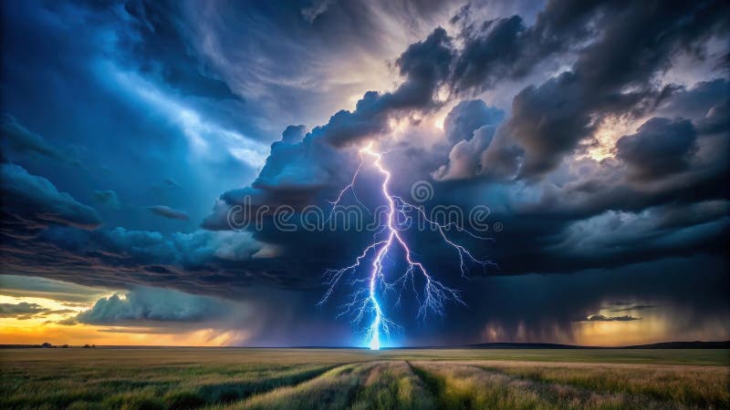 A Powerful Bolt of Lightning Strikes a Vast, Open Field during a ...