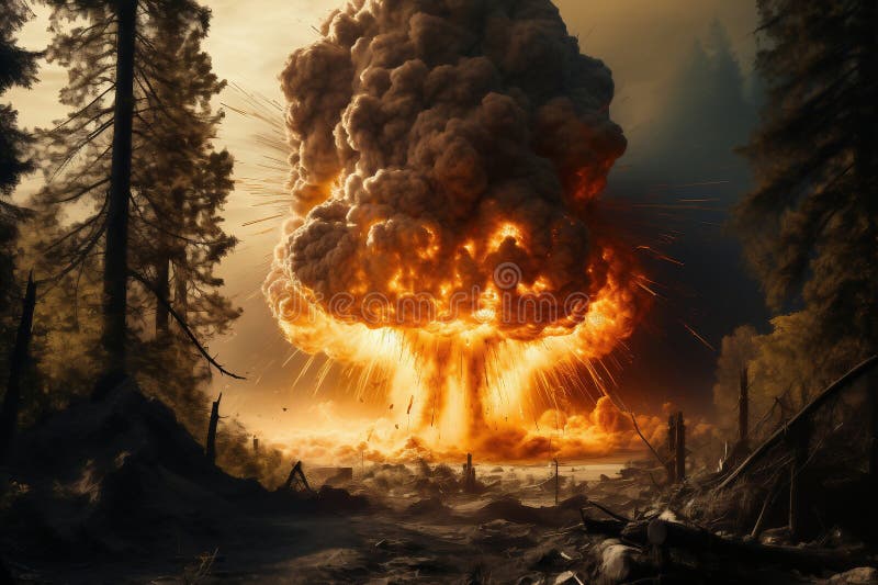 Powerful Bomb Explosion in the Forest or Taiga. Fallen Trees Fire and ...