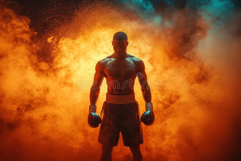 Powerful Boxer Stands Confidently Amidst Dramatic Smoke and Light ...