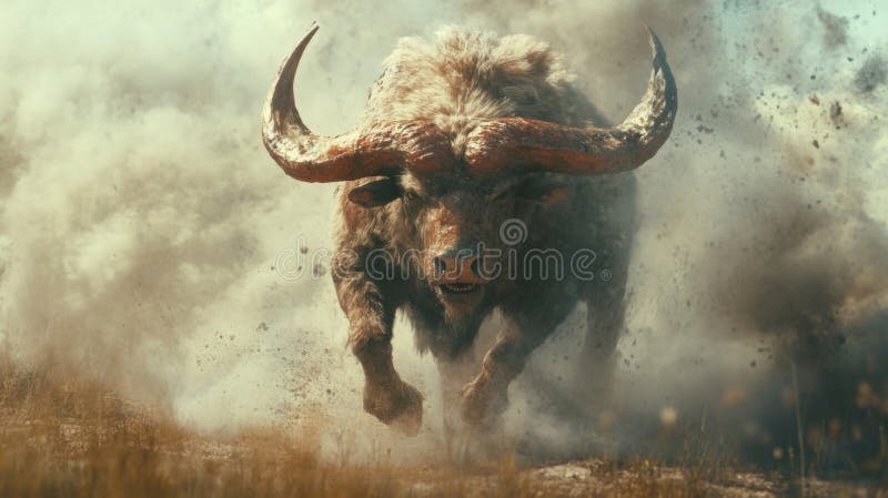 Powerful Brown Bull Charging through Dust Cloud Stock Illustration ...