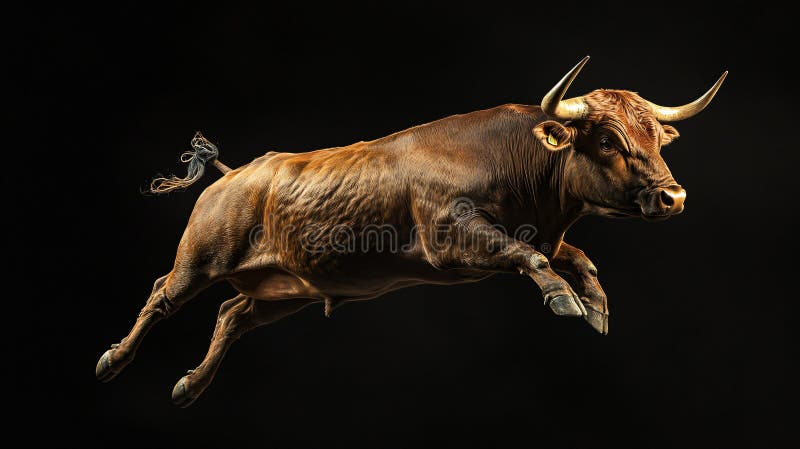 Powerful Brown Bull Leaping Dynamically Black High Quality Image Stock ...