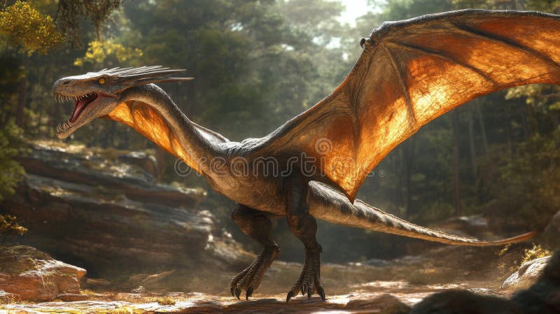 Powerful Brown Dragon with Gold Wings in a Sunlit Forest Stock ...