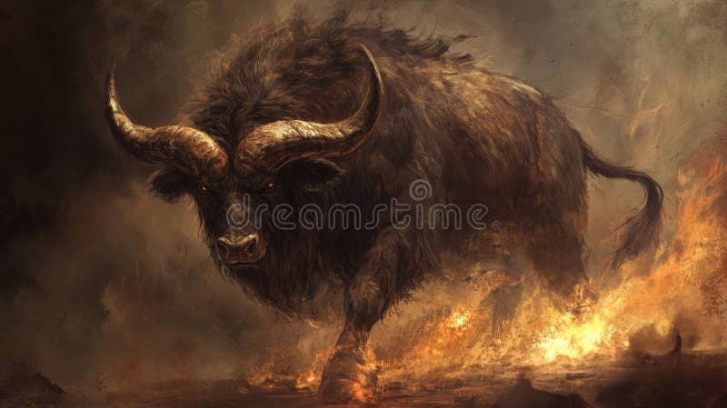 Powerful Brown Mythical Bull Emerging from Fire Stock Illustration ...