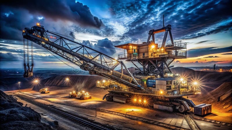Powerful BucketWheel Excavator at Night in a Lignite Mine a Panoramic ...