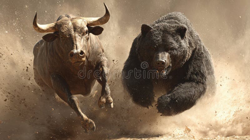 A Powerful Bull and Bear Charge Forward through a Dusty Landscape ...